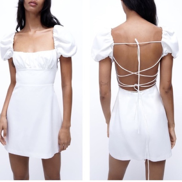 Zara | Dresses | Zara White Open Cross Back Puff Sleeve Linen Blend ...